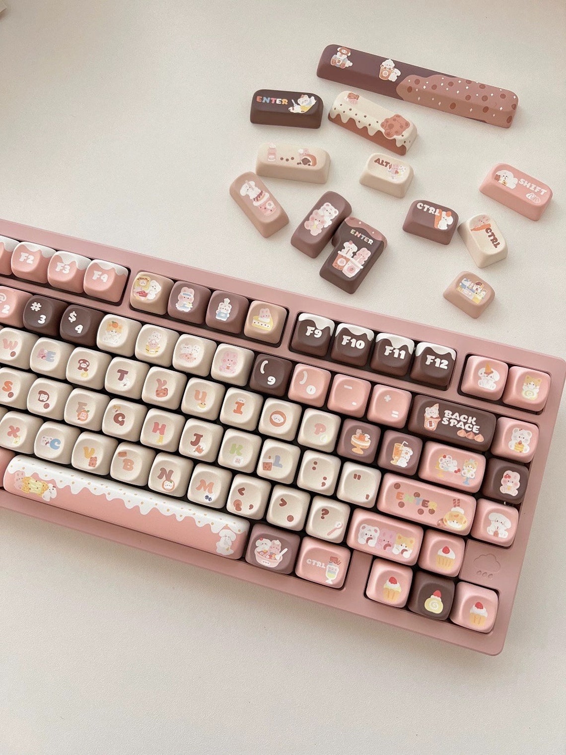 Choco Dessert Bear English PBT 142 Keys MOA Profile Keycaps Set, Cute ...