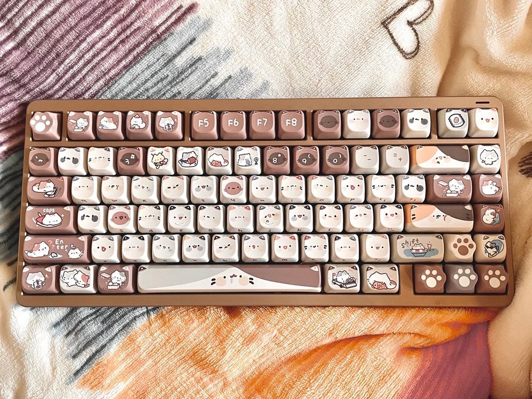 Mocha Cat English PBT 140 Keys MAO Profile Keycaps Set, Cute Keycaps ...