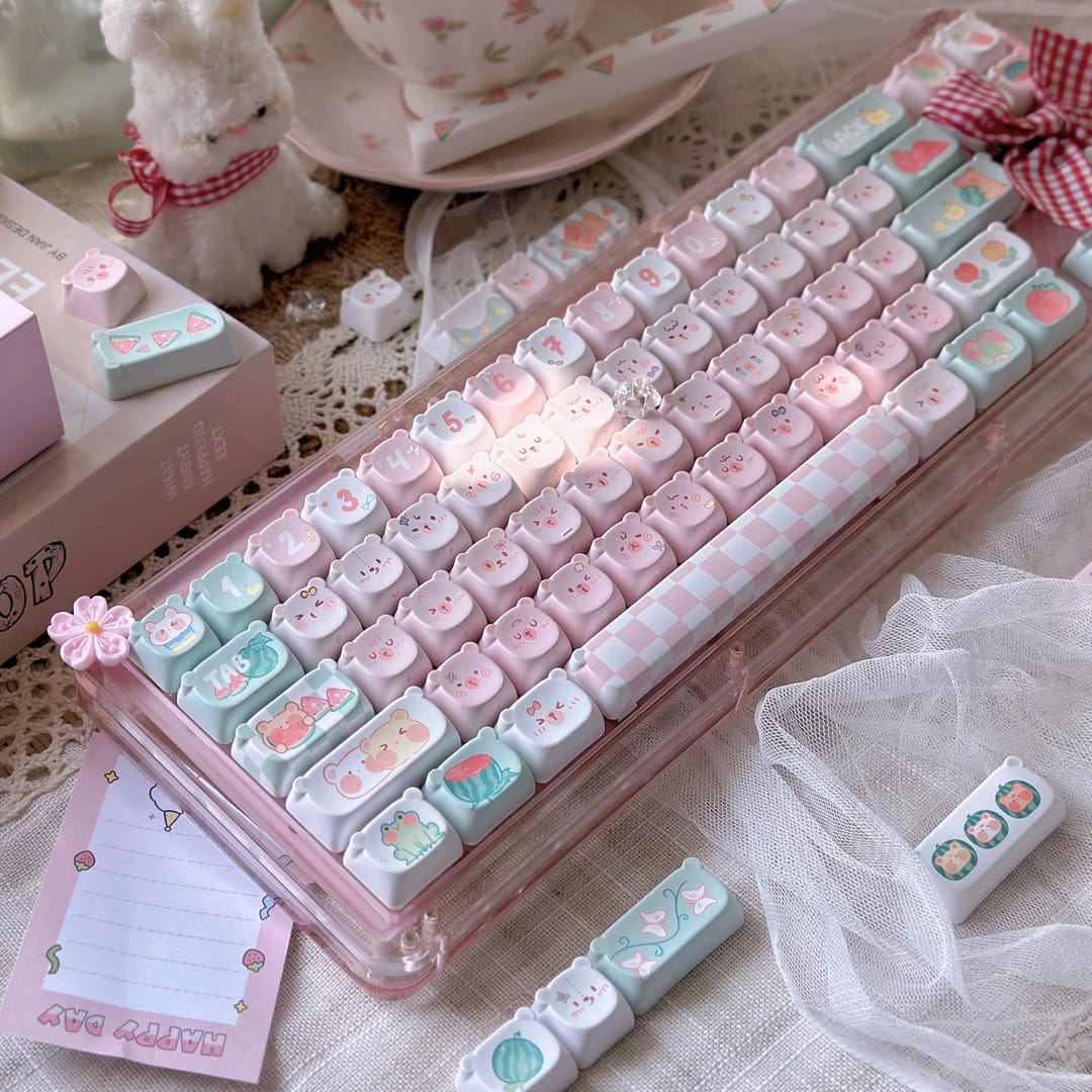 Watermelon Bear PBT 135 Keys EAO Profile Keycaps Set, Cute Keycaps ...