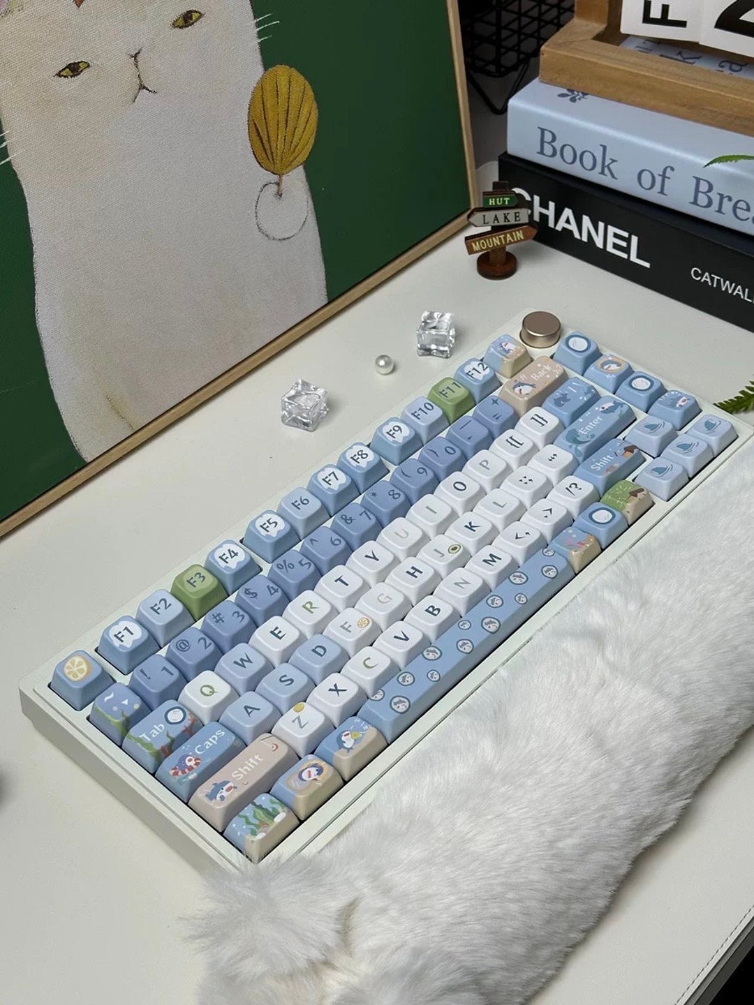 Beach Shark Cartoon English PBT 143 Keys MDA Profile Keycaps Set, Cute ...