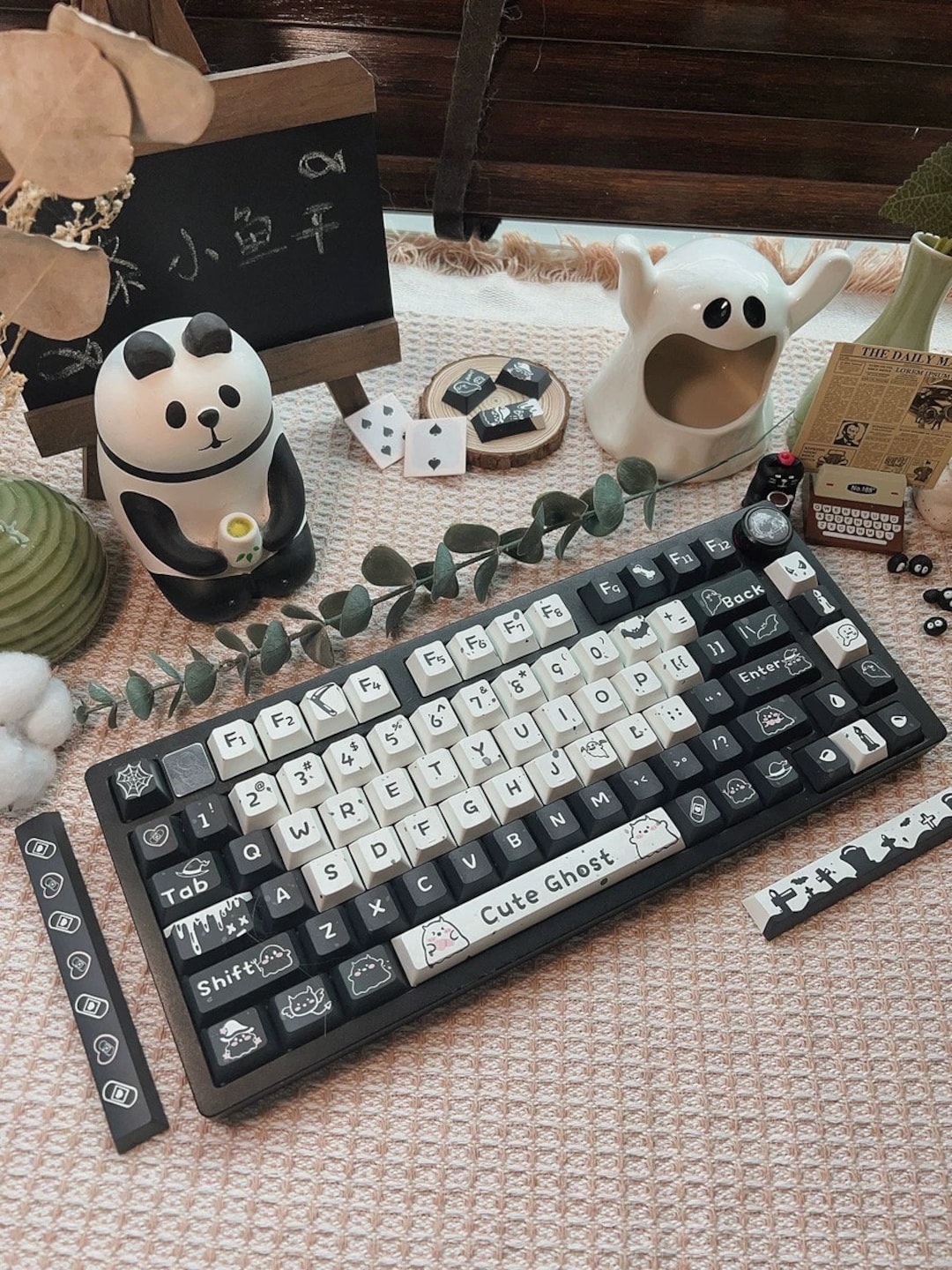 Black White Cute Ghost English PBT 139 Keys Cherry Profile Keycaps Set ...