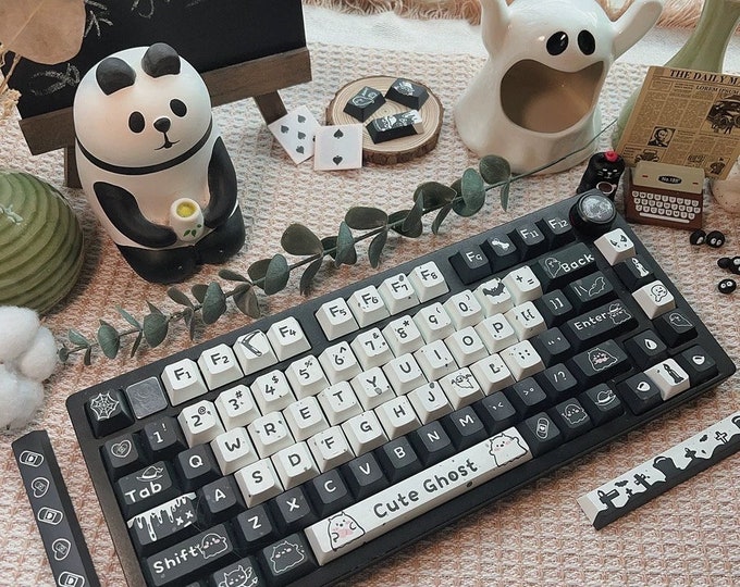 Black White Cute Ghost English PBT 139 Keys Cherry Profile Keycaps Set ...