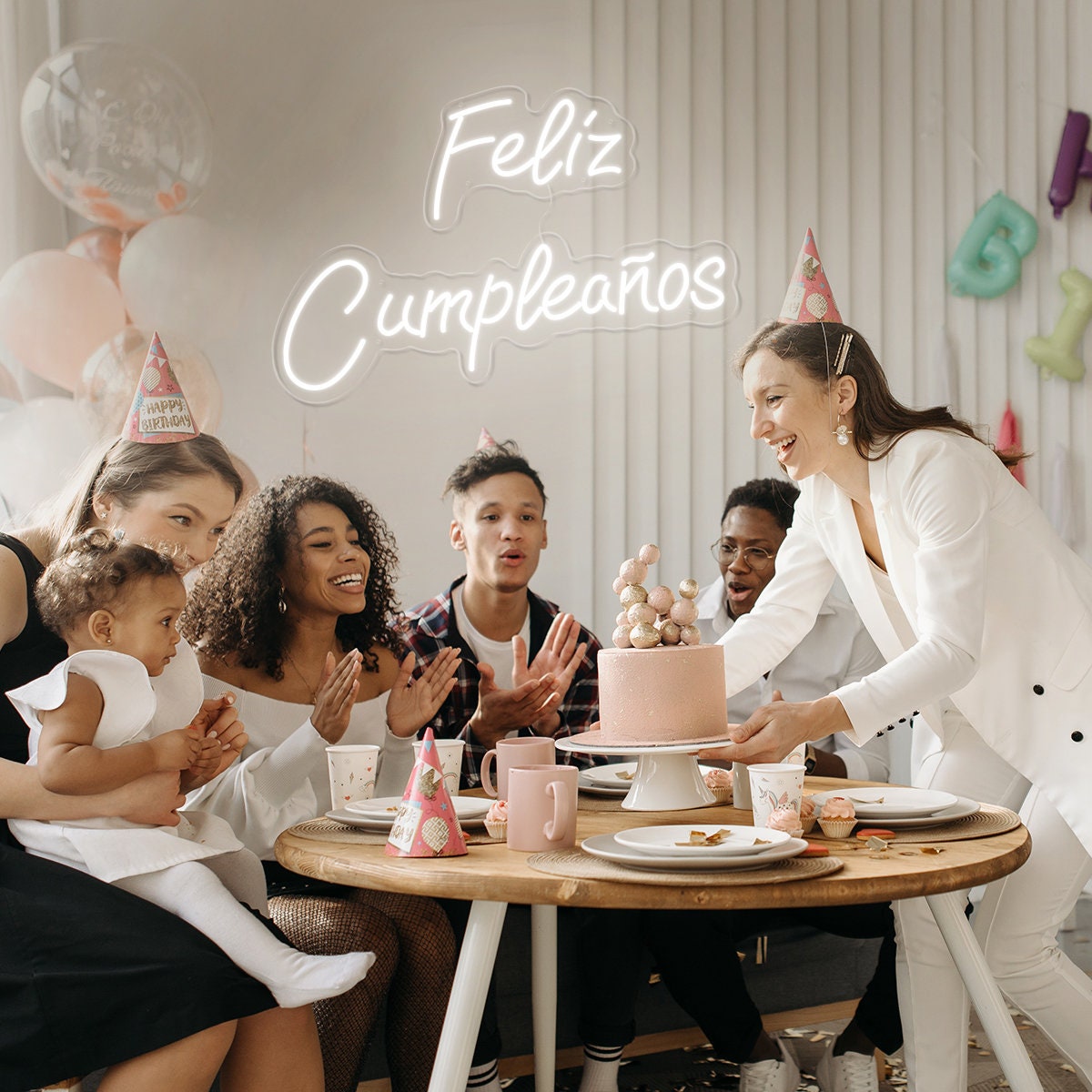 Feliz Cumpleanos Neon Sign, Mother Spanish Birthday Cake Wall Art ...