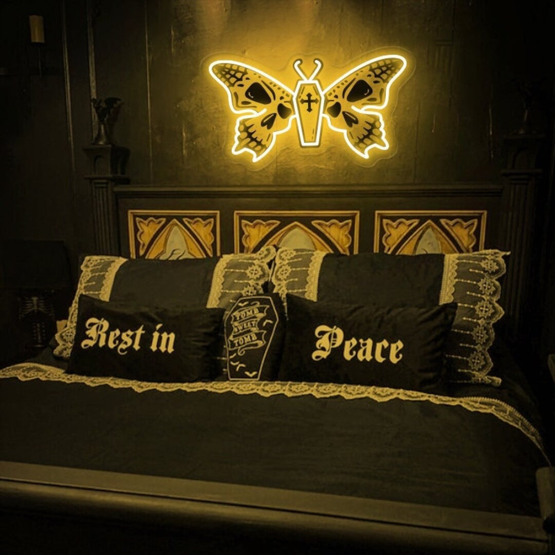 Moth With Coffin Neon Sign, Skull Moth Wall Decor, Deaths Head Moth ...