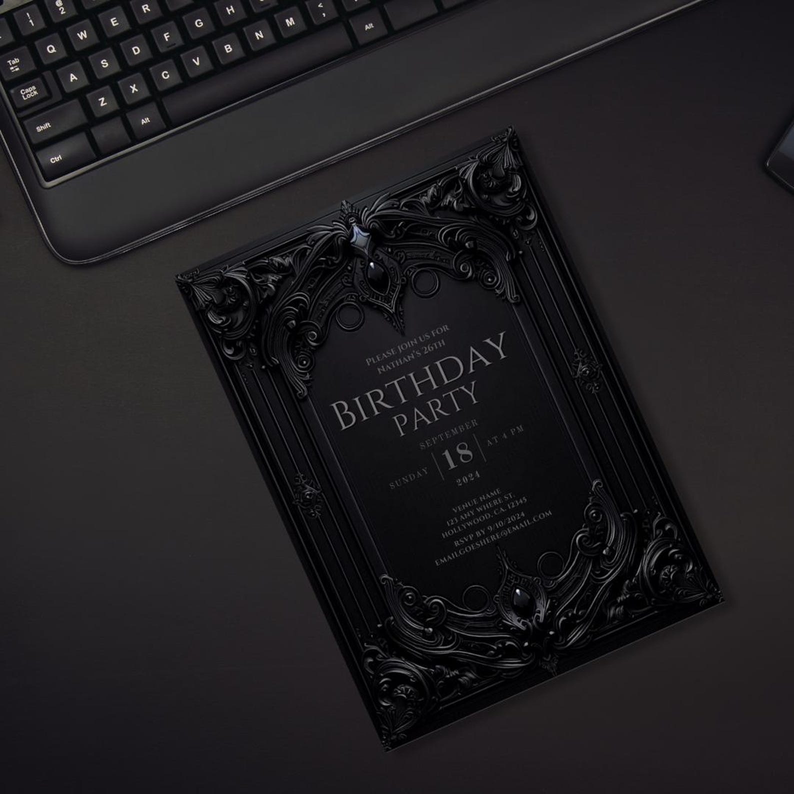 Dark Gothic Birthday Invitation, Black Party Invite, All Black ...