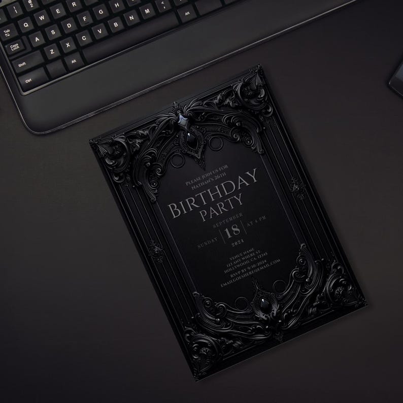 Dark Gothic Birthday Invitation, Black Party Invite, All Black ...