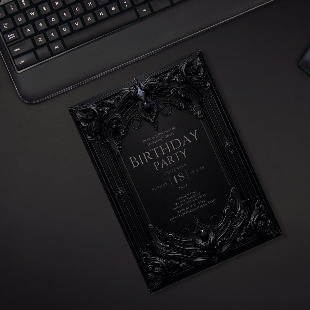 Dark Gothic Birthday Invitation, Black Party Invite, All Black ...