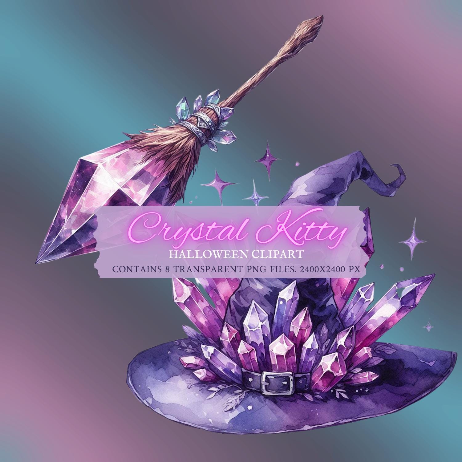 Crystal Kitty Halloween Clipart, Watercolor Cats, Witchy Clipart Witch ...