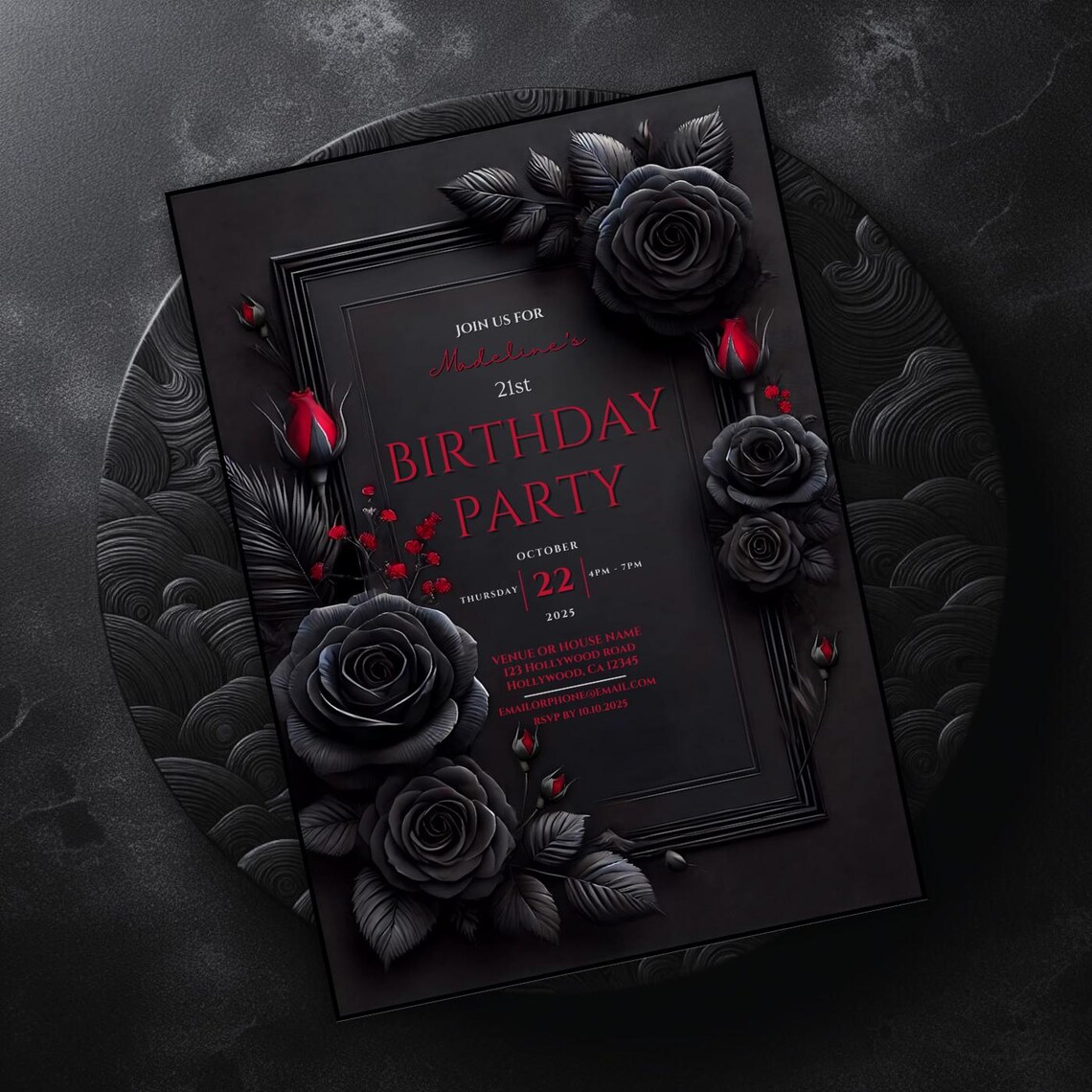 Editable Elegant Red and Black Rose Gothic Invitation, Printable Black ...
