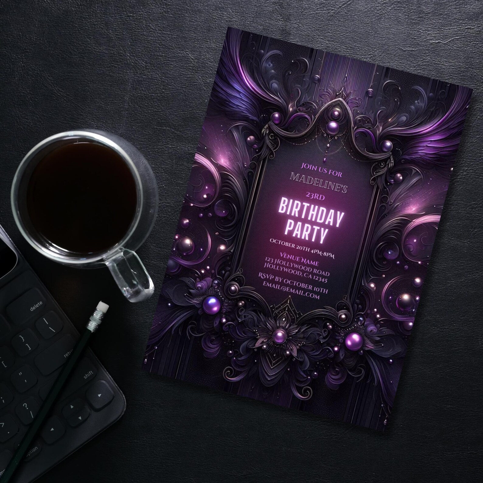 Black Pink and Purple Celestial Birthday Party Invite, Dark Fantasy ...