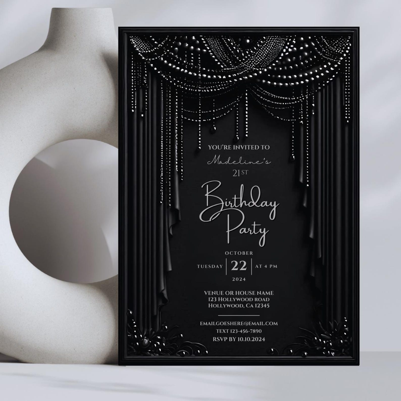 Editable Luxury Dark Birthday Invitation Template, Modern Black Elegant ...