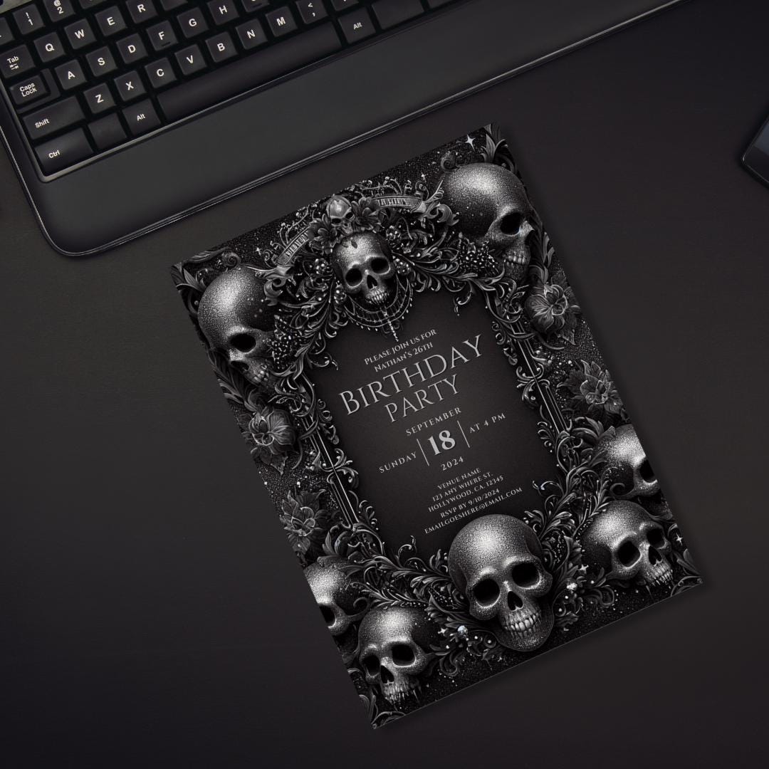 Dark Elegant Skull Birthday Party Invitation | Dark Gothic Invite ...