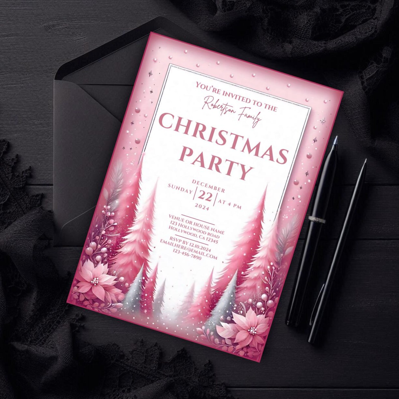 Editable Elegant Pink Christmas Party Invitation, Pink & White Xmas ...