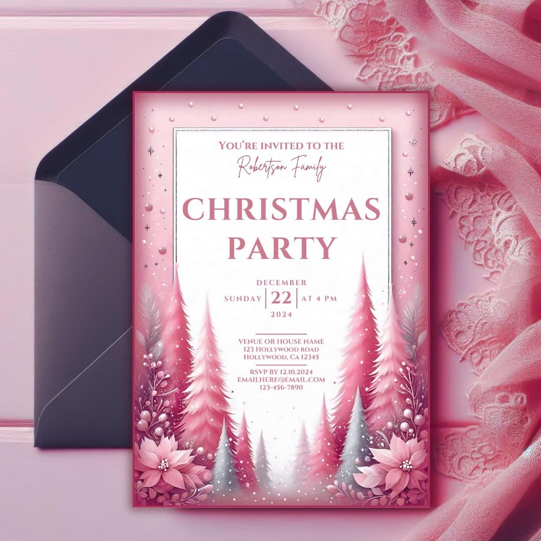Editable Elegant Pink Christmas Party Invitation, Pink & White Xmas ...