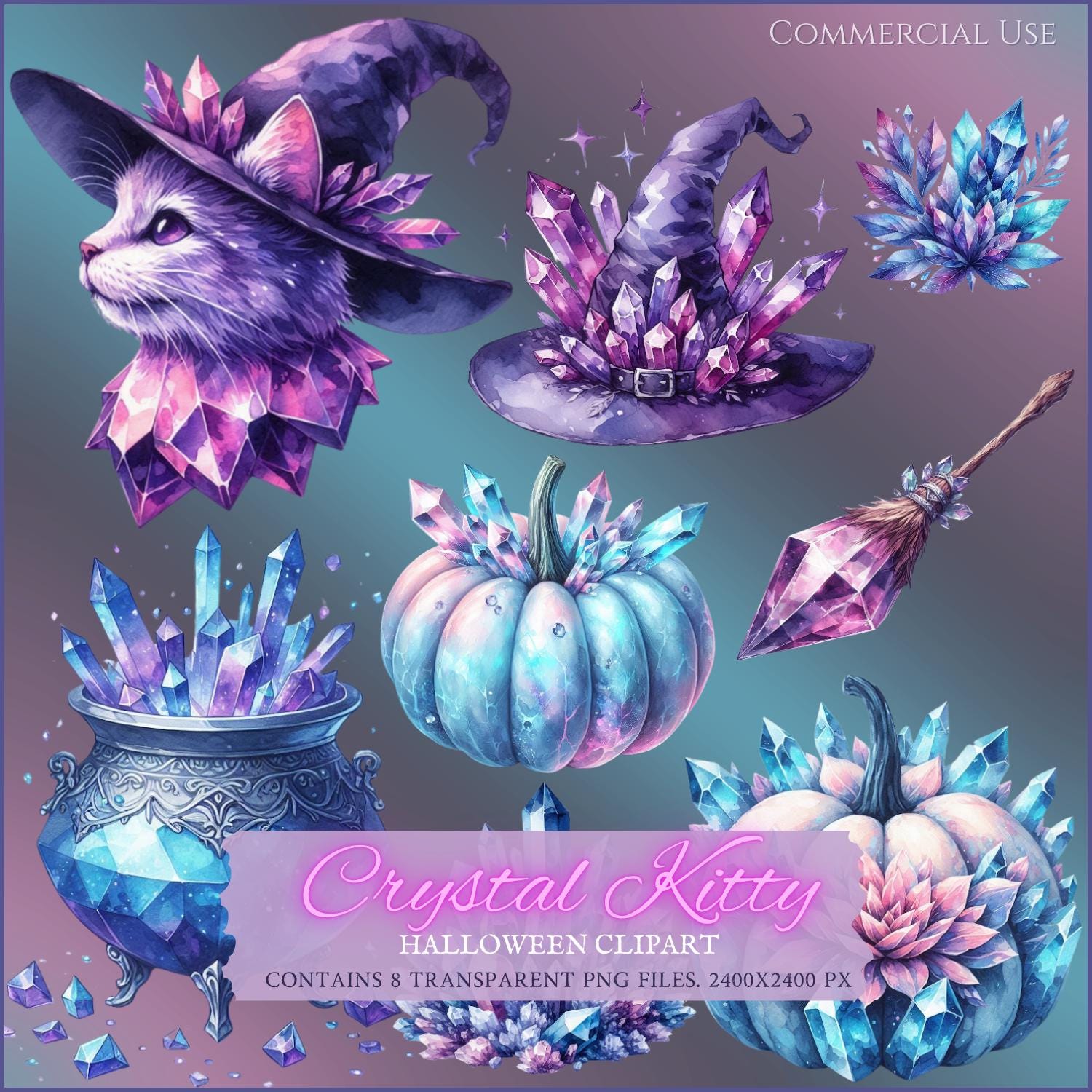 Crystal Kitty Halloween Clipart, Watercolor Cats, Witchy Clipart Witch ...