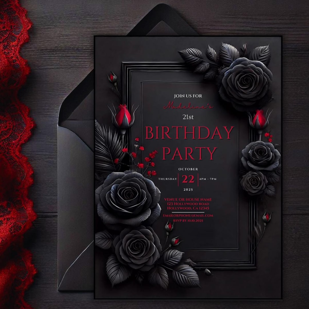 Editable Elegant Red and Black Rose Gothic Invitation, Printable Black ...