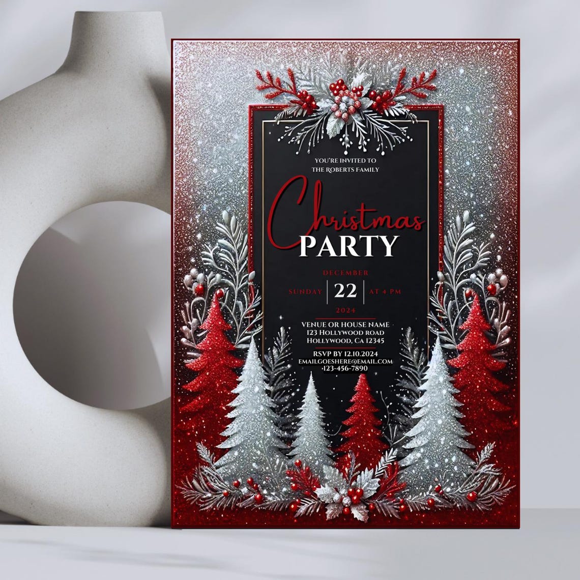 Editable Sparkling Christmas Party Invitation, Printable 5x7 Xmas Trees ...