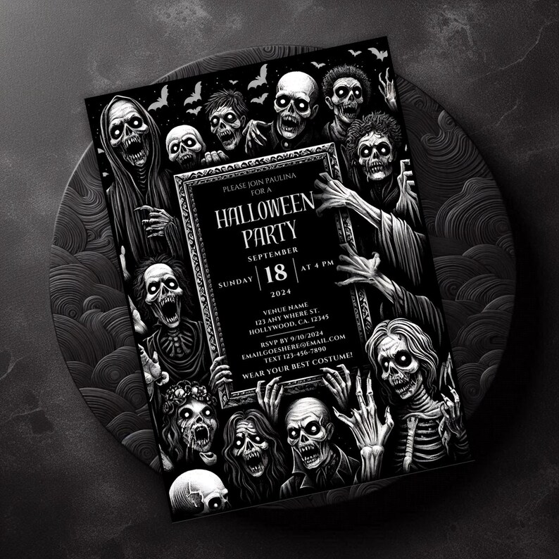 Editable Horror Zombie Halloween Party Invitation, Classic Zombies ...