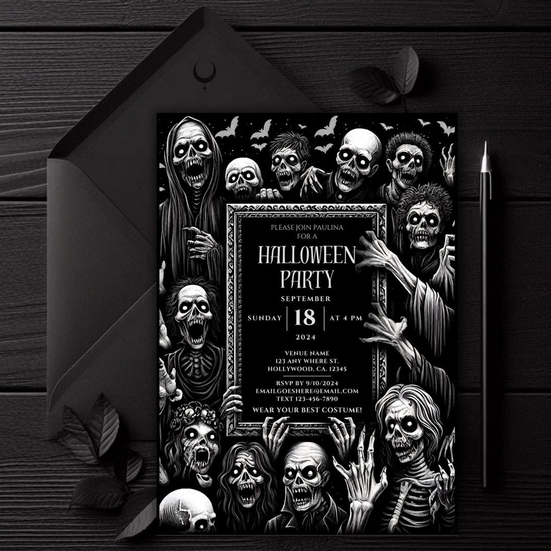 Editable Horror Zombie Halloween Party Invitation, Classic Zombies ...
