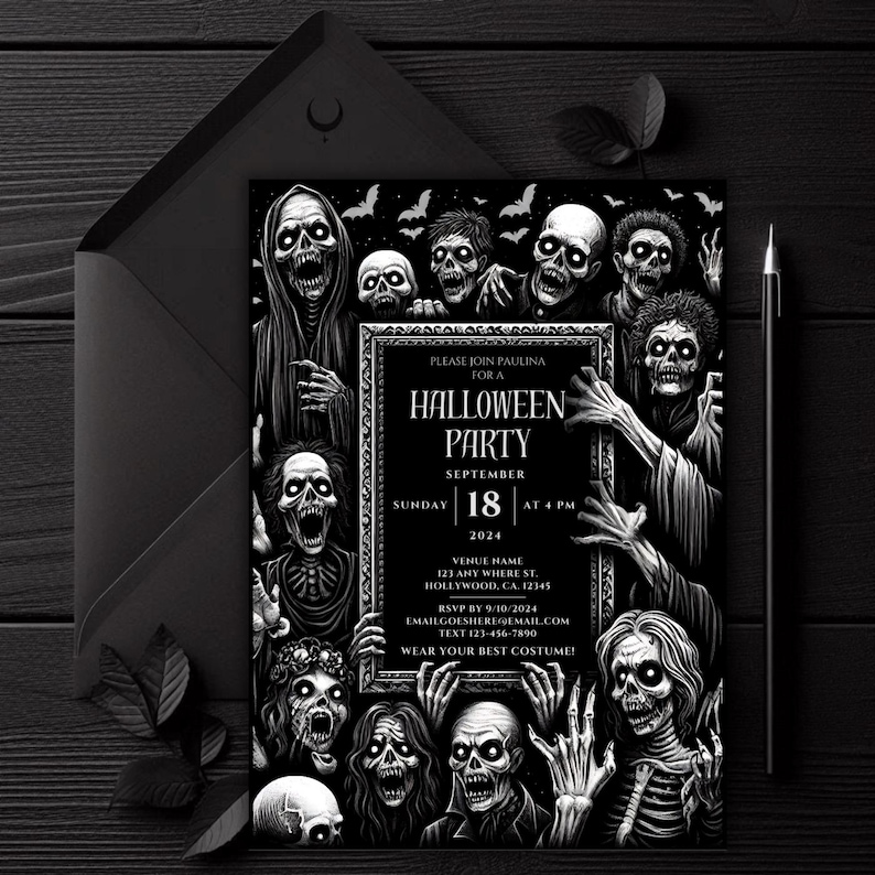 Editable Horror Zombie Halloween Party Invitation, Classic Zombies ...