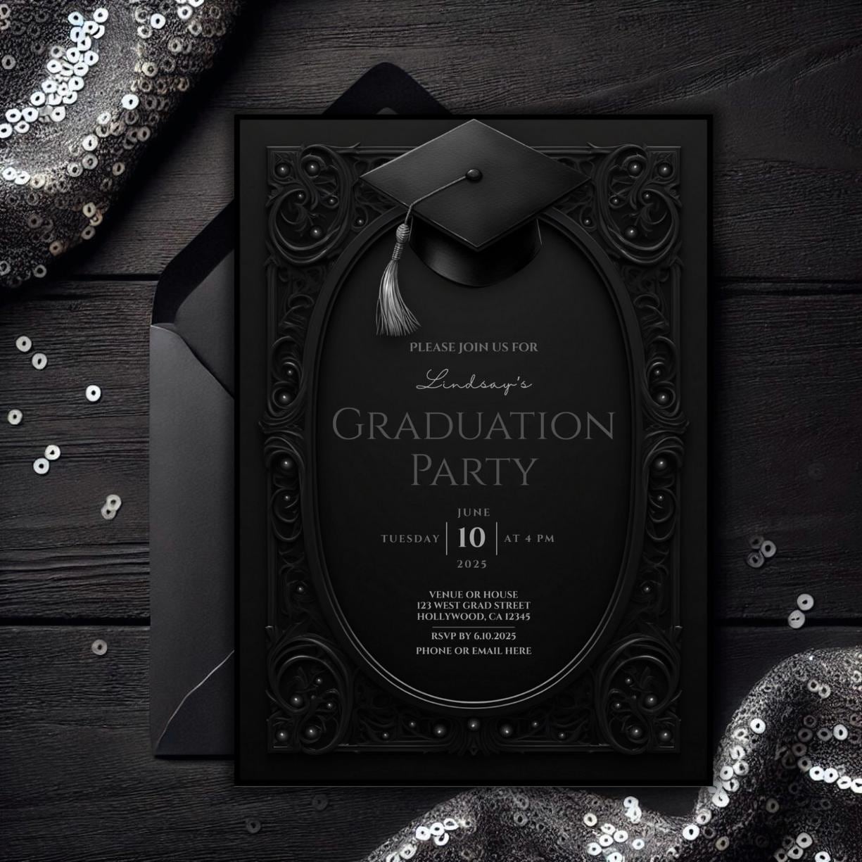 Editable All Black Graduation Party Invitation, Printable Dark ...