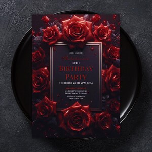 Editable Red and Black Birthday Invitation, Roses Invitation, Red Roses ...