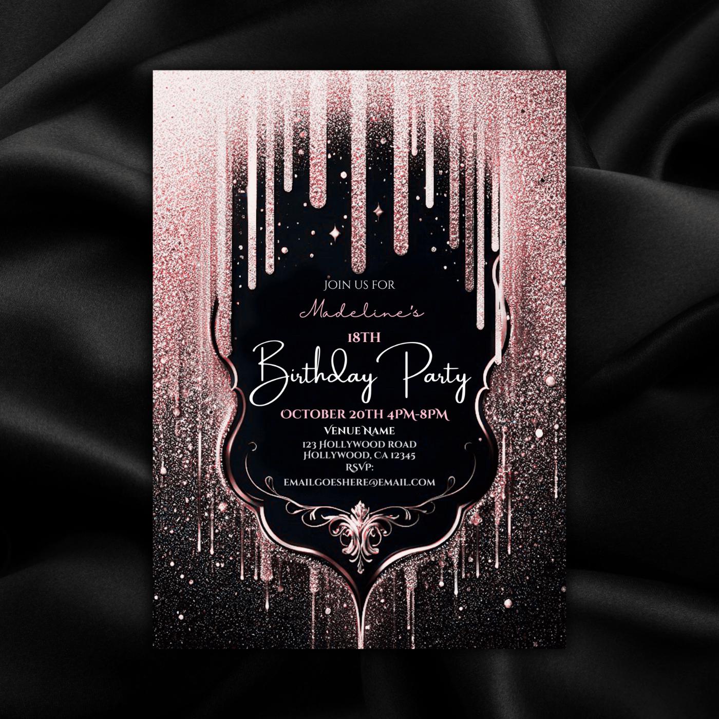 Black and Pink Birthday Invite, Printable Invite, Dripping Glitter ...