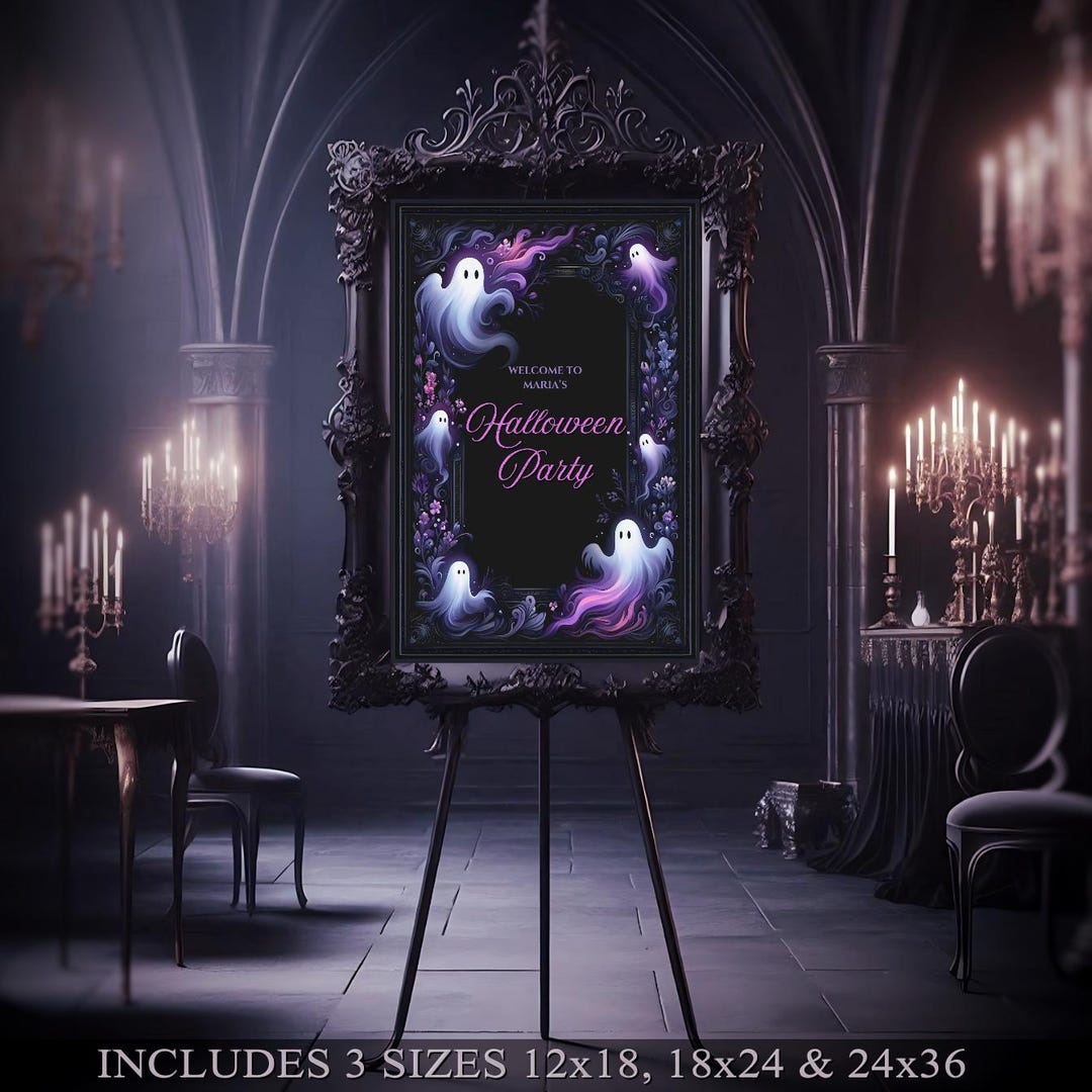 Editable Halloween Sign, Digital Pink and Purple Ghosts Poster, Dark ...