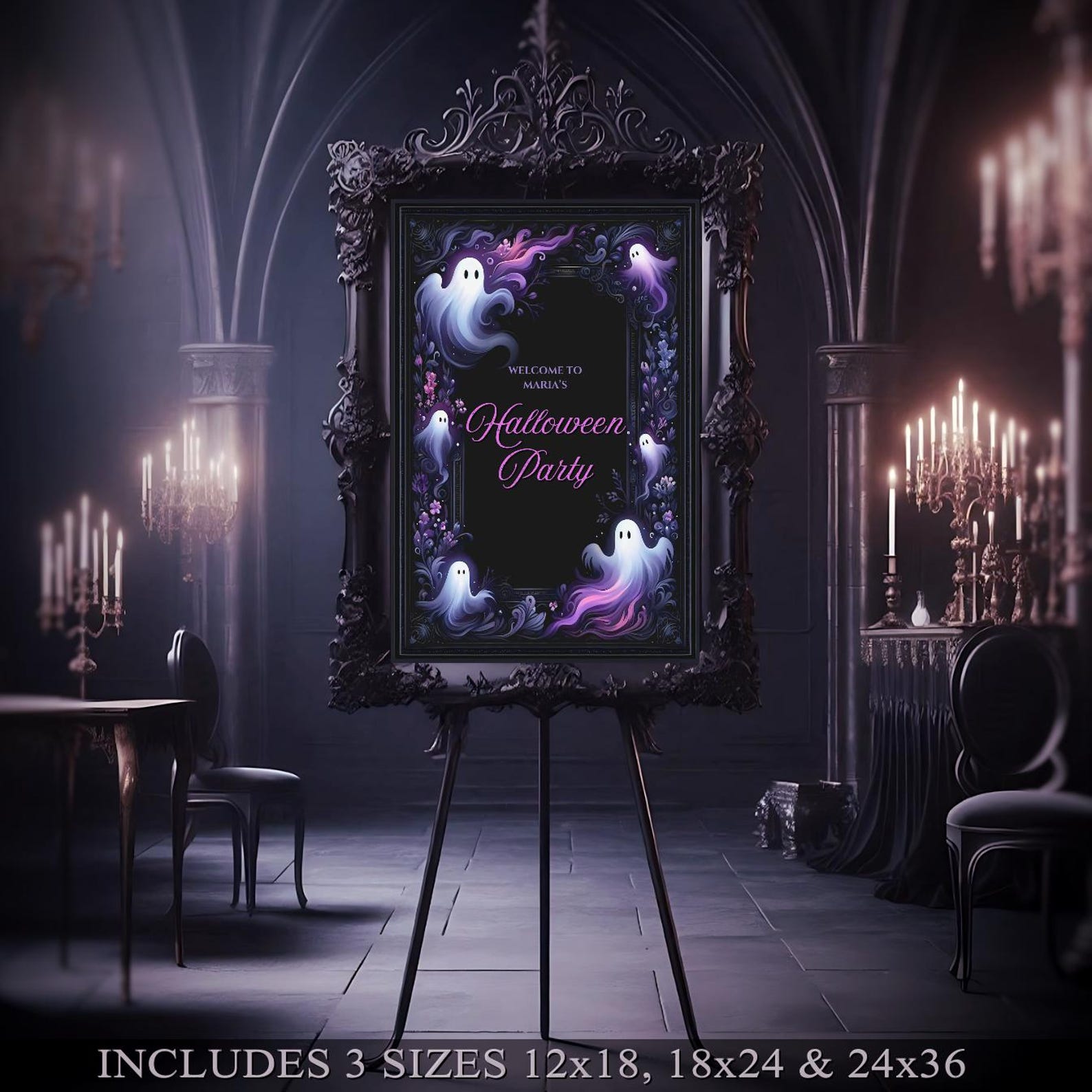 Editable Halloween Sign, Digital Pink and Purple Ghosts Poster, Dark ...