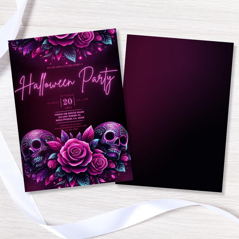 Editable Halloween Neon Skull Invite, Day of the Dead, Día De Los ...