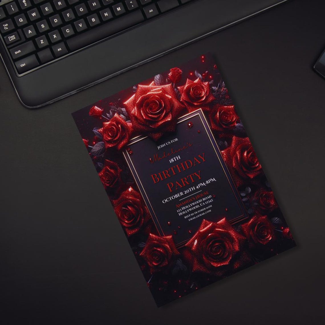 Editable Red and Black Birthday Invitation, Roses Invitation, Red Roses ...