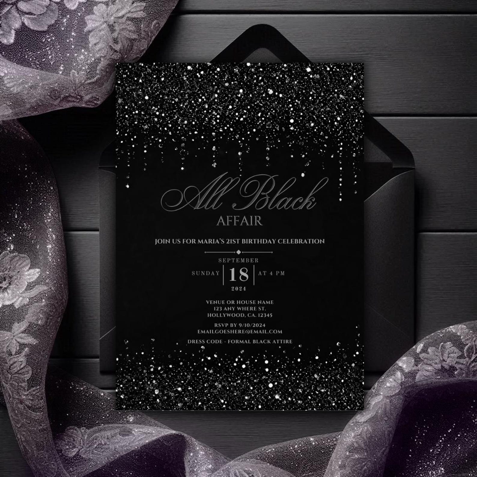 Editable All Black Affair Invitation, All Black Glitter Invite, Formal ...