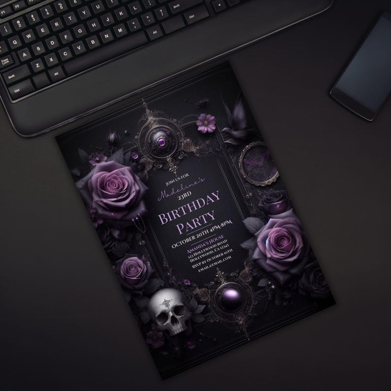 Black and Purple Gothic Floral Invitation, Gothic Birthday, Skull ...