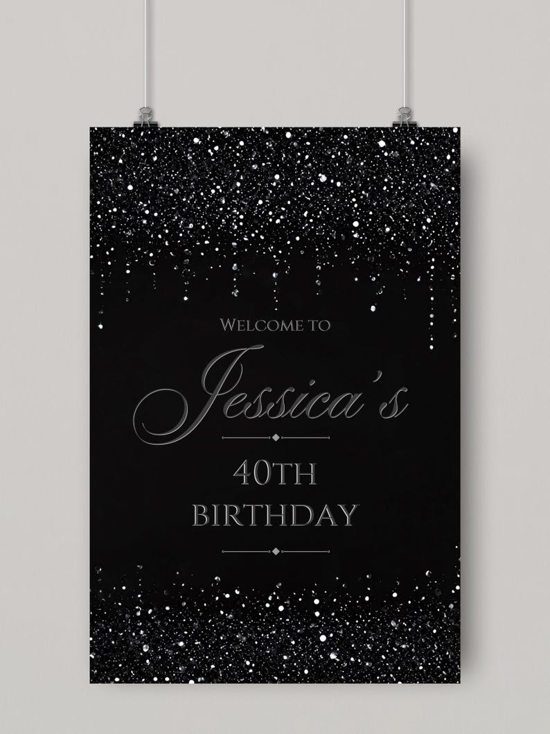 Editable All Black Poster Template, Dripping Glitter Welcome Sign ...