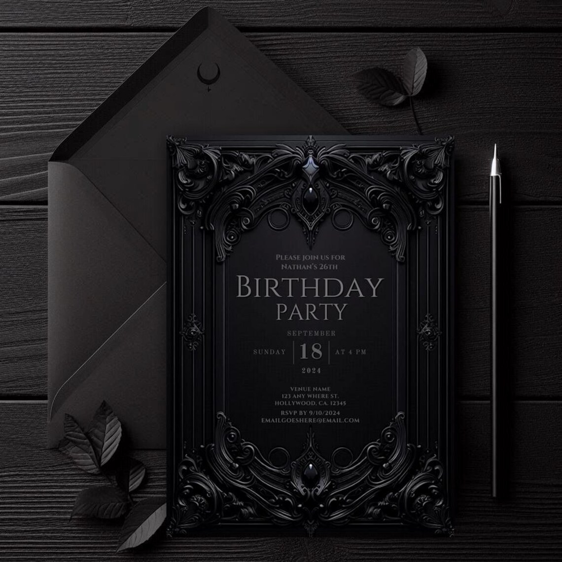 Dark Gothic Birthday Invitation, Black Party Invite, All Black ...