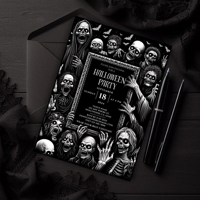 Editable Horror Zombie Halloween Party Invitation, Classic Zombies ...