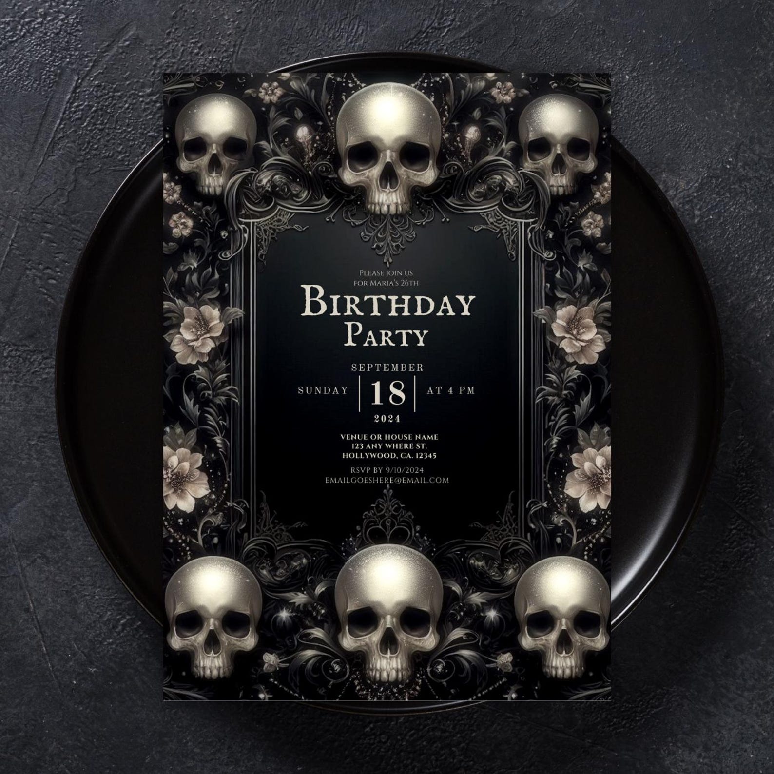 Gothic Birthday Invitation, Floral Skull Vintage Invitation, Skulls and ...