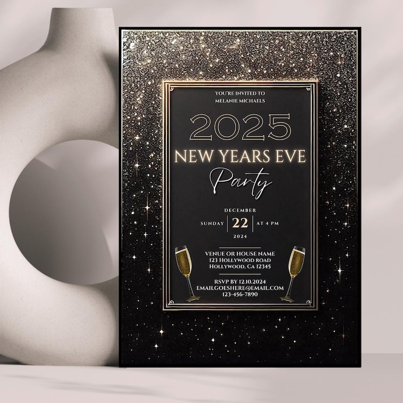 Editable New Years Eve Party Invitation | Elegant Gold Glitter New ...