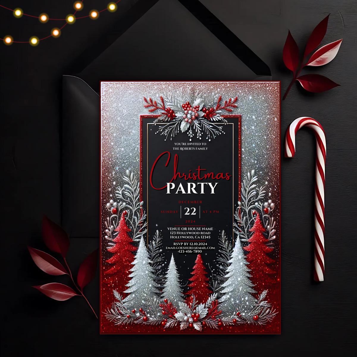 Editable Sparkling Christmas Party Invitation, Printable 5x7 Xmas Trees ...