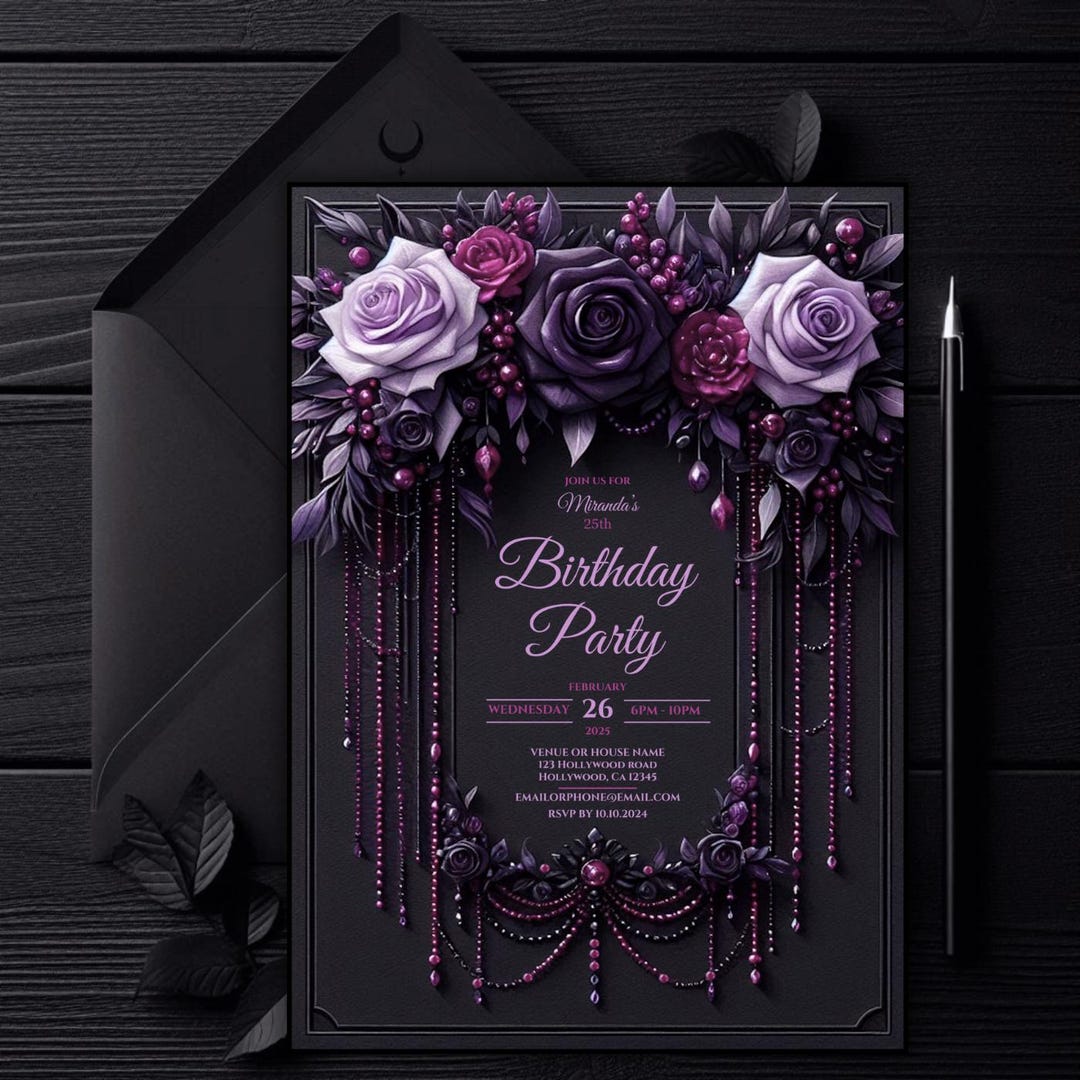 Editable Dark Elegant Floral Birthday Party Invitation | Printable ...