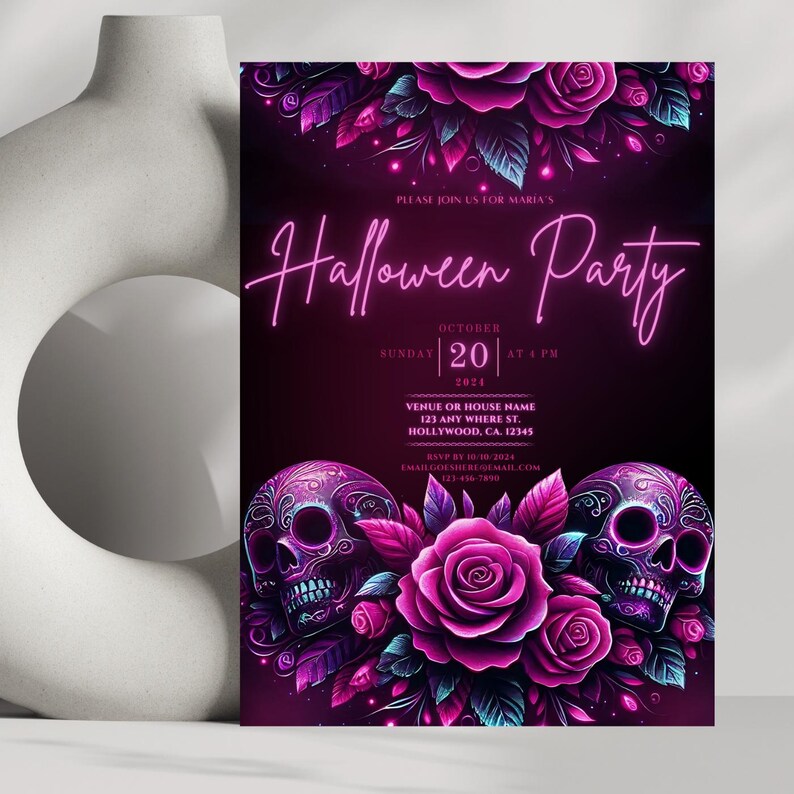 Editable Halloween Neon Skull Invite, Day of the Dead, Día De Los ...