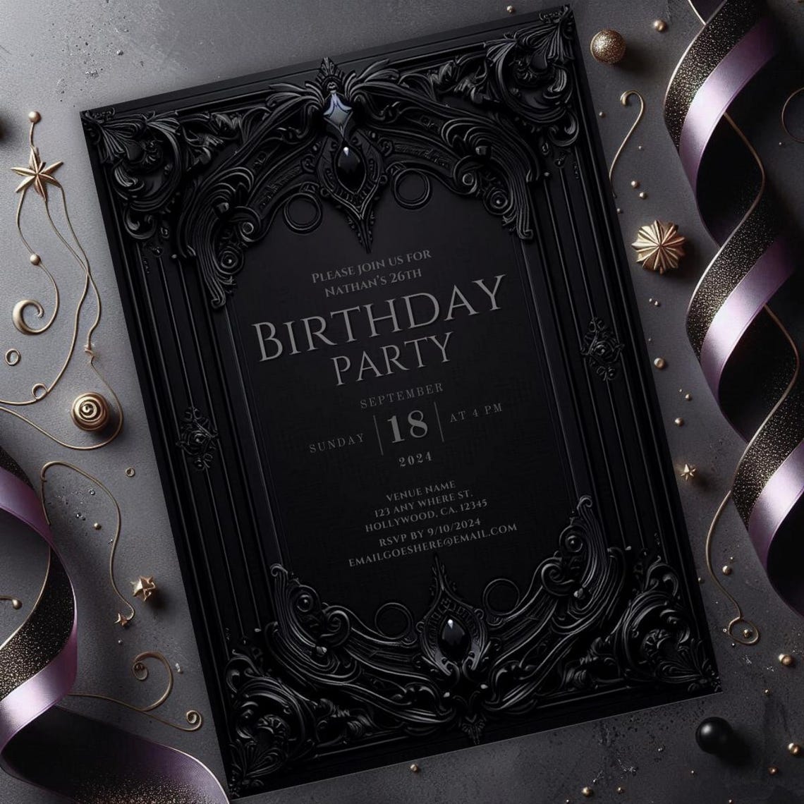 Dark Gothic Birthday Invitation, Black Party Invite, All Black ...