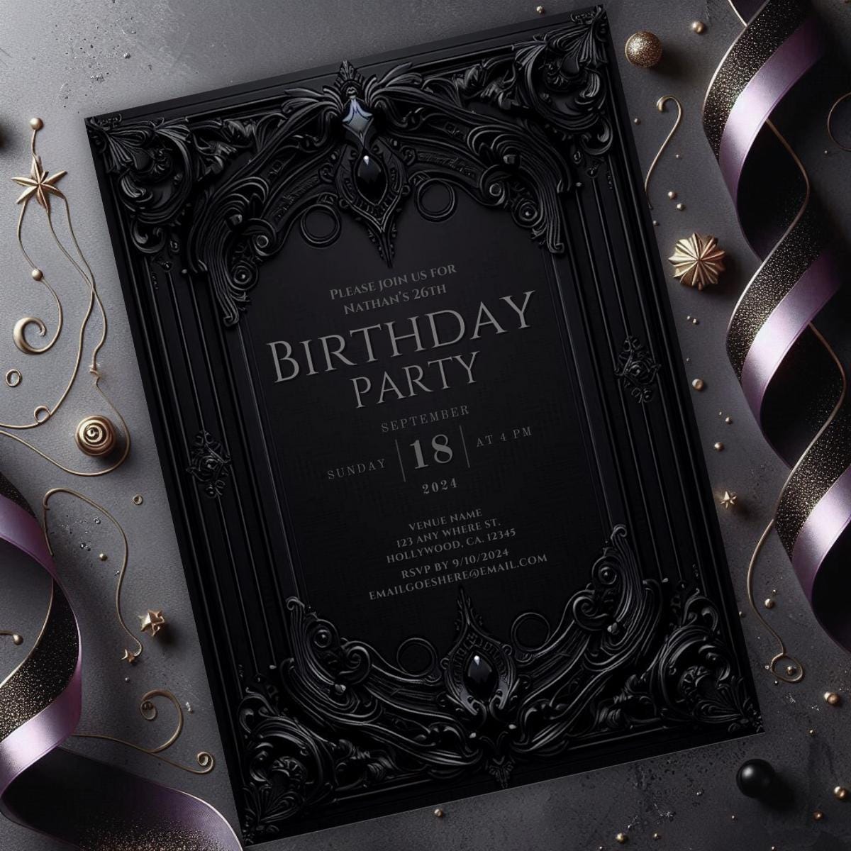 Dark Gothic Birthday Invitation, Black Party Invite, All Black ...