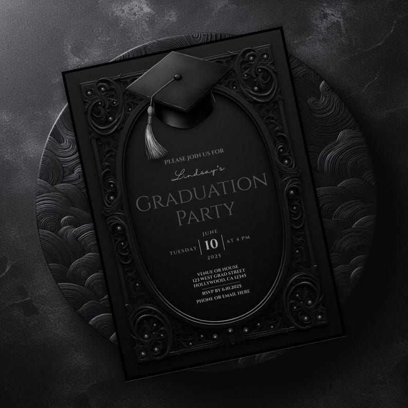 Editable All Black Graduation Party Invitation, Printable Dark ...