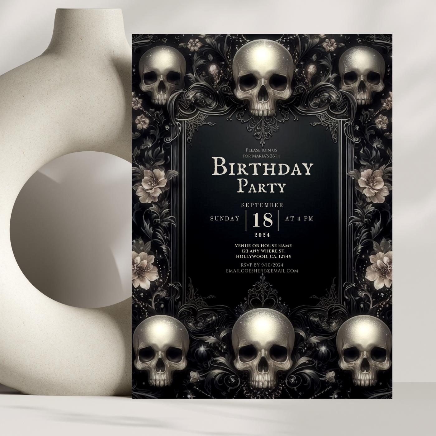 Gothic Birthday Invitation, Floral Skull Vintage Invitation, Skulls and ...