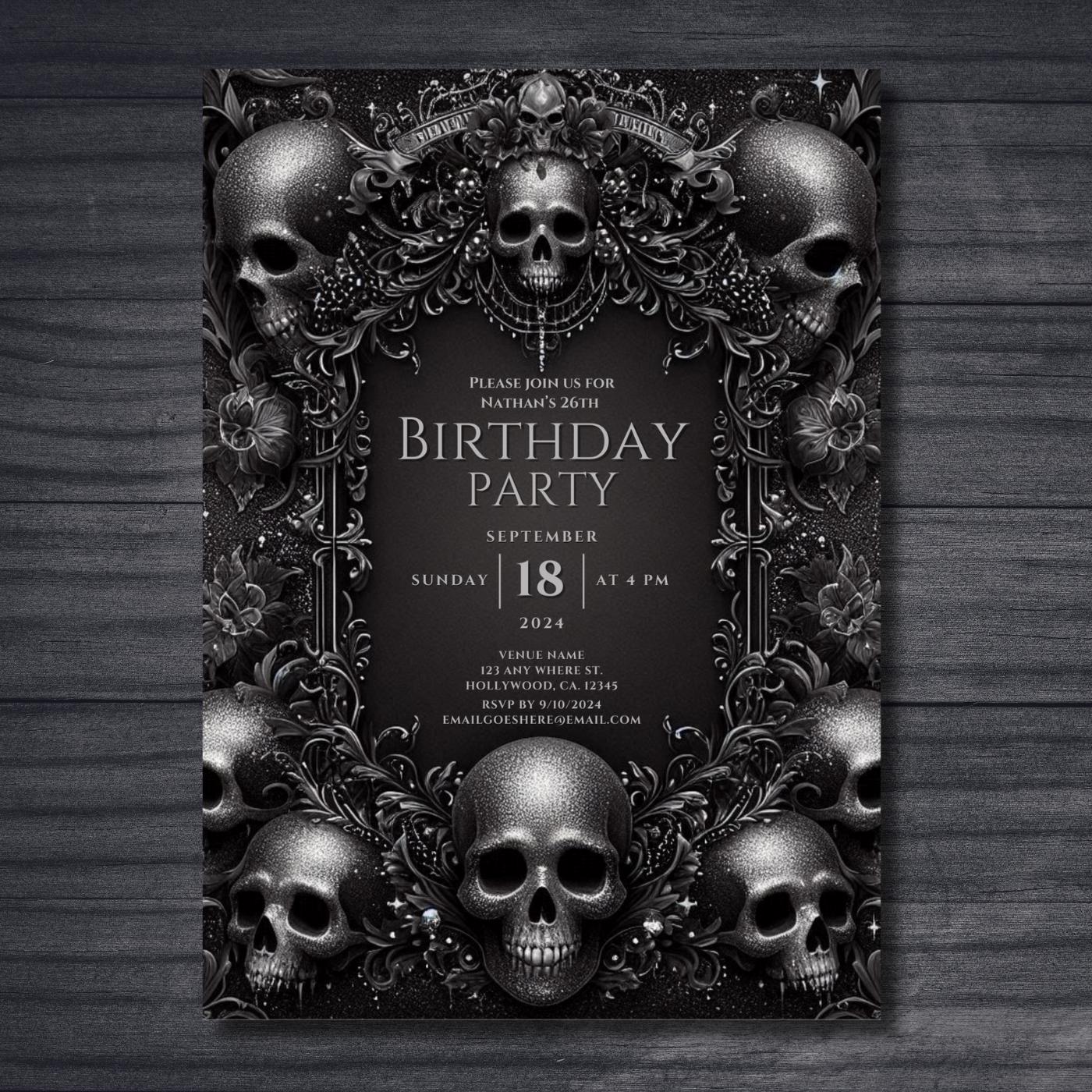 Dark Elegant Skull Birthday Party Invitation | Dark Gothic Invite ...