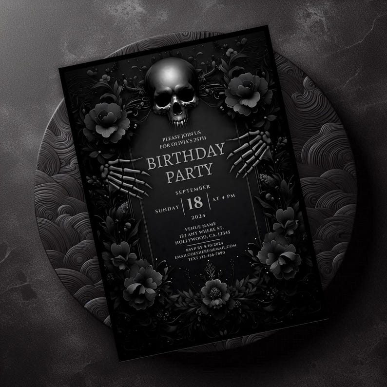 Editable Gothic Skeleton Birthday Invite, Floral Skull Invitation, All ...