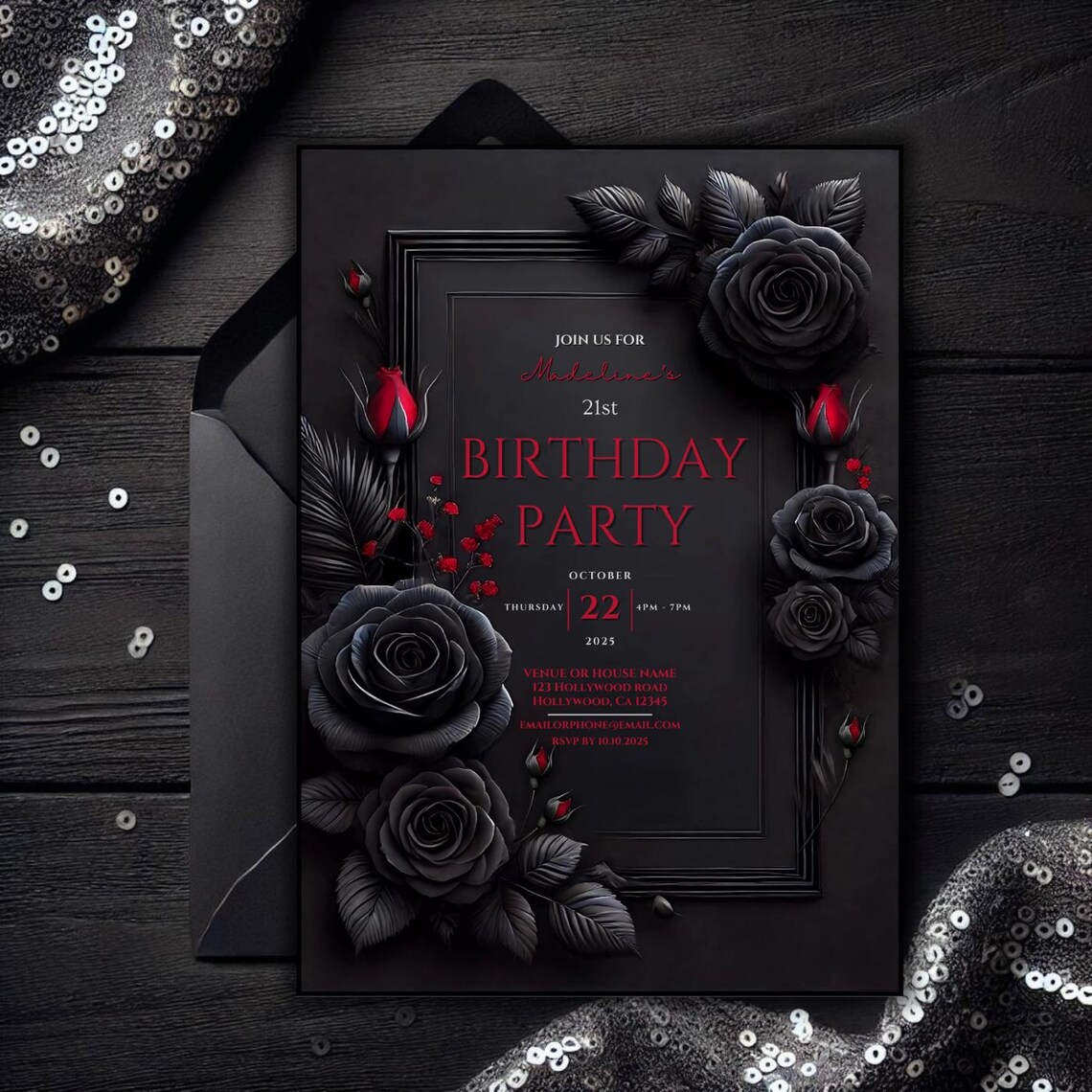 Editable Elegant Red and Black Rose Gothic Invitation, Printable Black ...