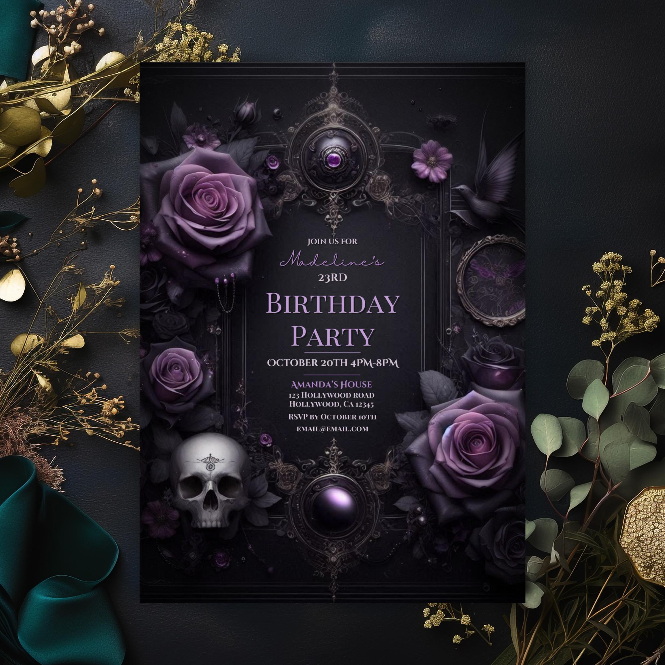 Black and Purple Gothic Floral Invitation, Gothic Birthday, Skull ...