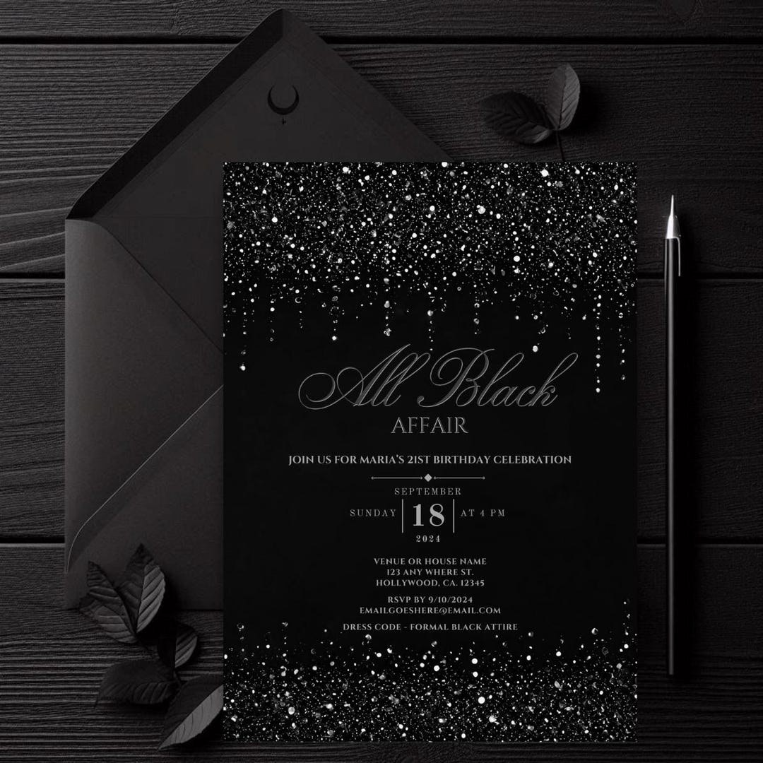 Editable All Black Affair Invitation, All Black Glitter Invite, Formal ...
